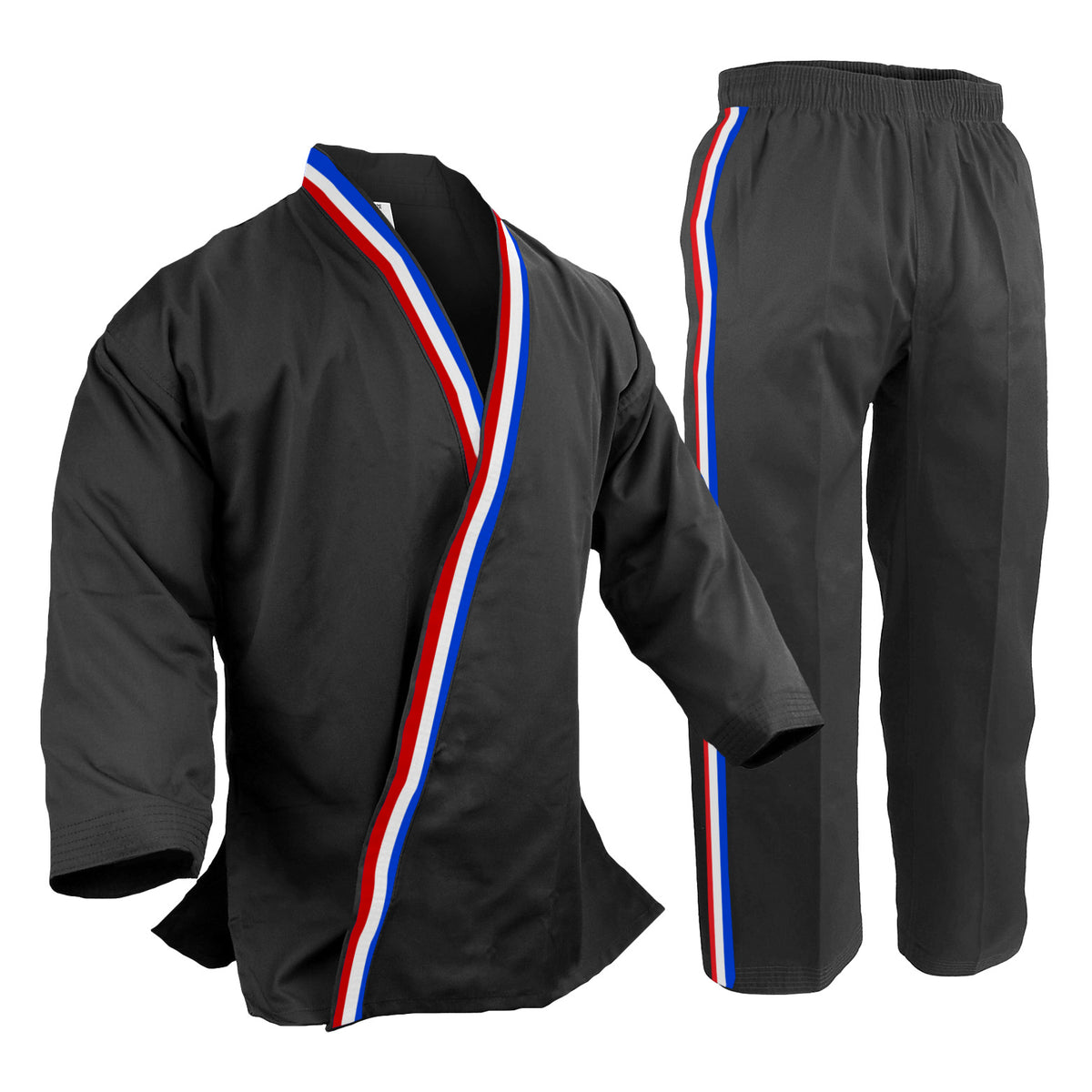 Karate Uniform, Custom Trimmed Lapel and Pants, Light Weight, Black w ...